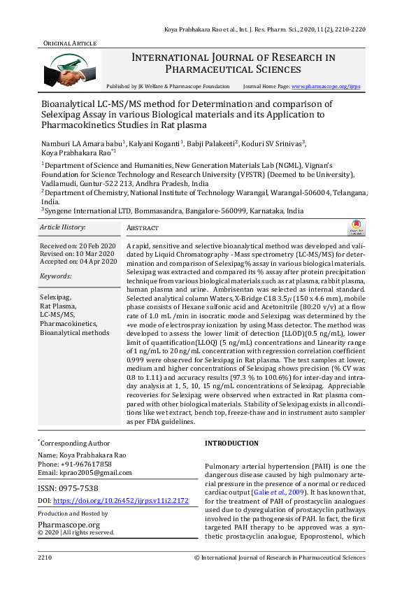 (PDF) Bioanalytical LC-MS/MS method for Determination and comparison of Selexipag Assay in ...