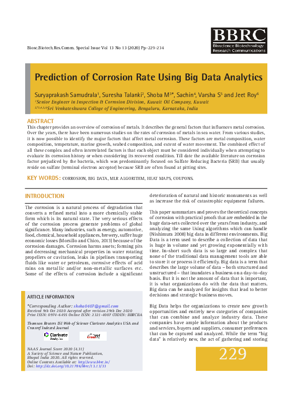 (PDF) Prediction of Corrosion Rate Using Big Data Analytics