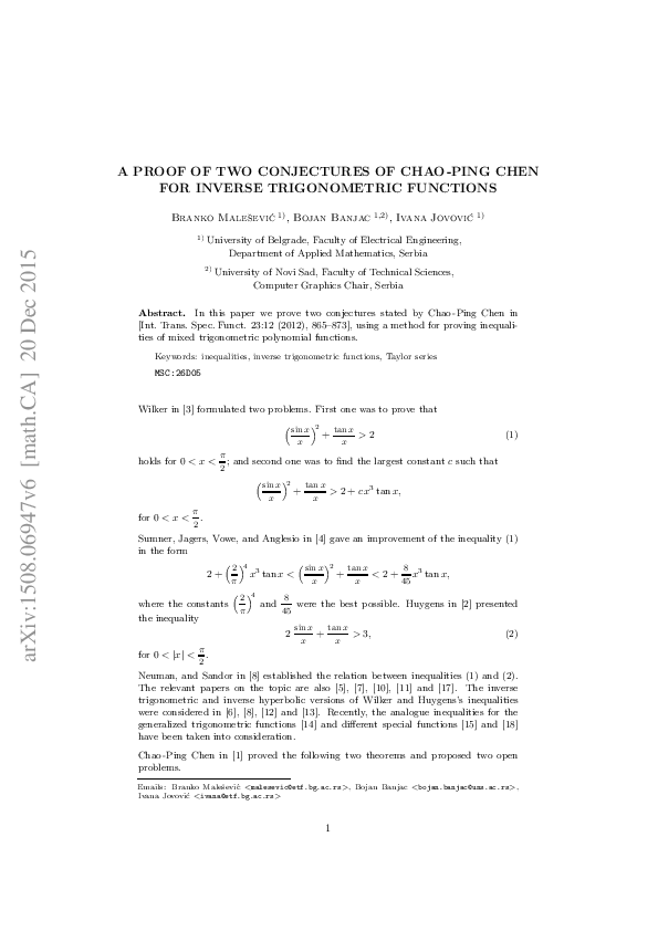 (PDF) A proof of two conjectures of Chao-Ping Chen for inverse trigonometric functions