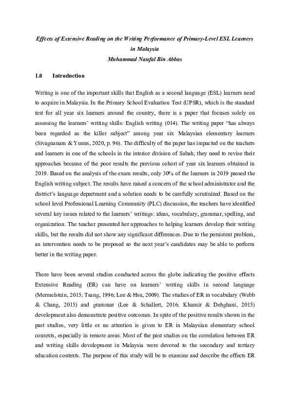 (DOC) Effects of Extensive Reading on the Writing Performance of Primary-Level ESL Learners in ...
