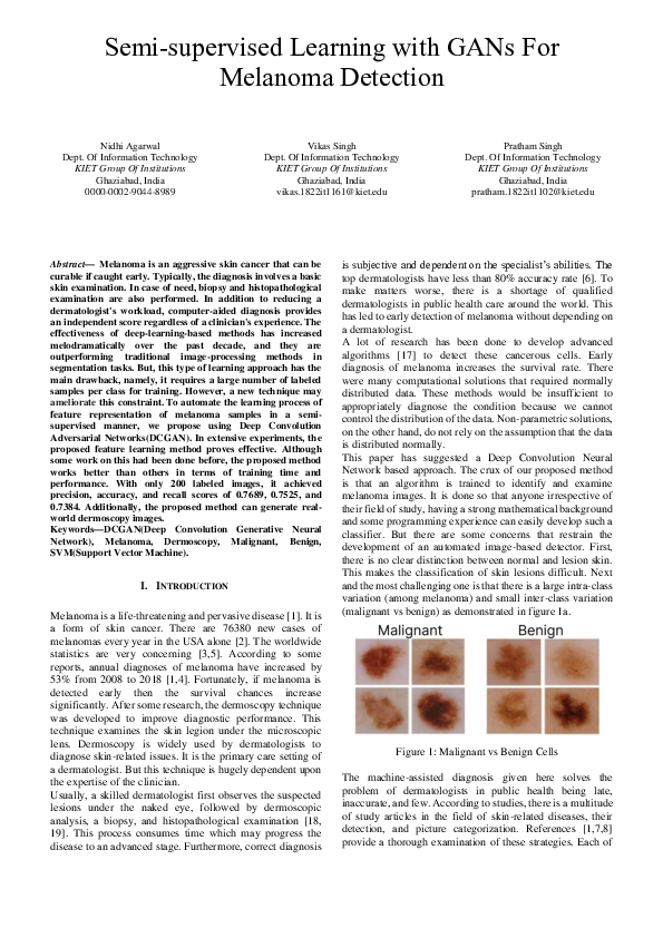(PDF) Semi-supervised Learning with GANs For Melanoma Detection