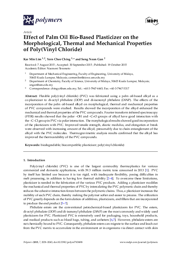 (PDF) Effect of Palm Oil Bio-Based Plasticizer on the Morphological, Thermal and Mechanical ...