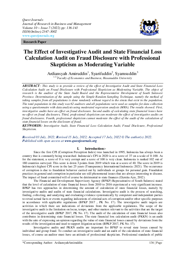 (PDF) The Effect of Investigative Audit and State Financial Loss ...
