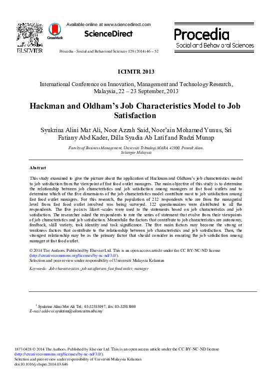 (PDF) Hackman and Oldham's Job Characteristics Model to Job Satisfaction