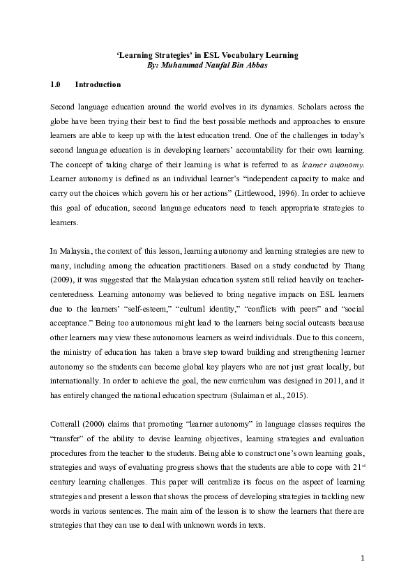 (DOC) 'Learning Strategies' in ESL Vocabulary Learning