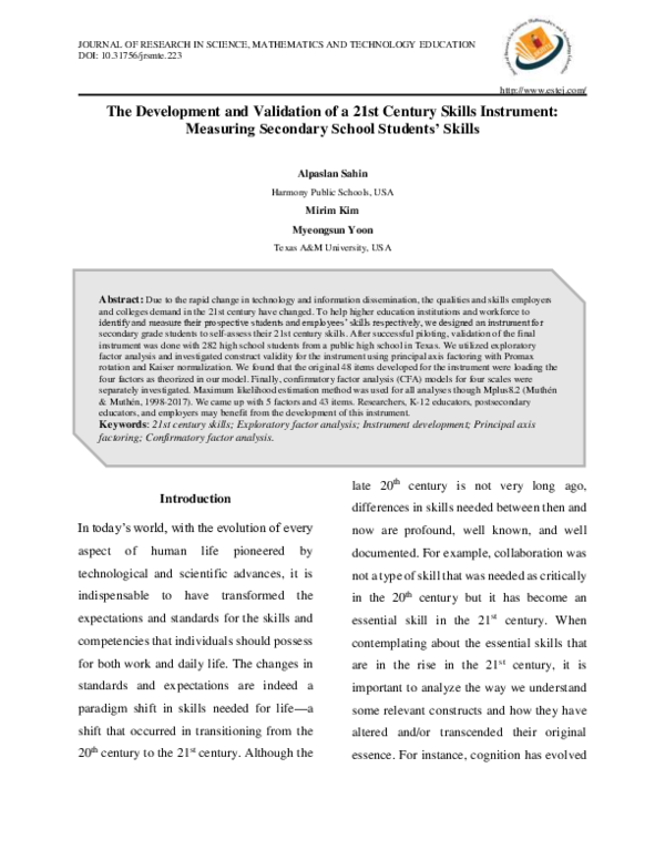 (PDF) The Development and Validation of a 21st Century Skills Instrument: Measuring Secondary ...