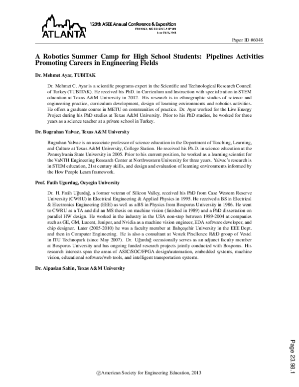 (PDF) A Robotics Summer Camp for High School Students: Pipelines ...