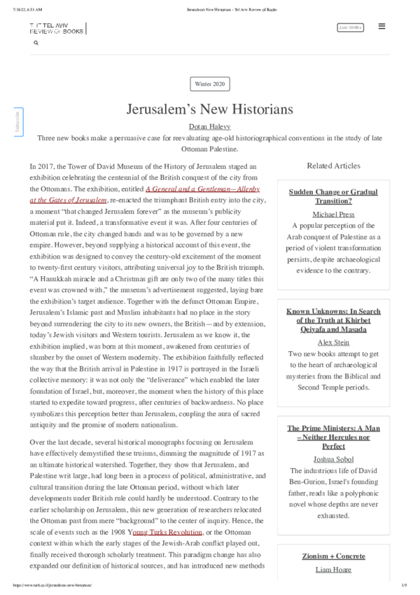 (PDF) Jerusalem's New Historians, Tel Aviv Review of Books, Winter 2020
