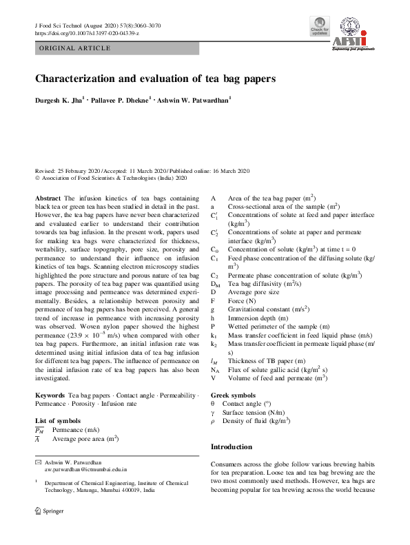 (PDF) Characterization and evaluation of tea bag papers