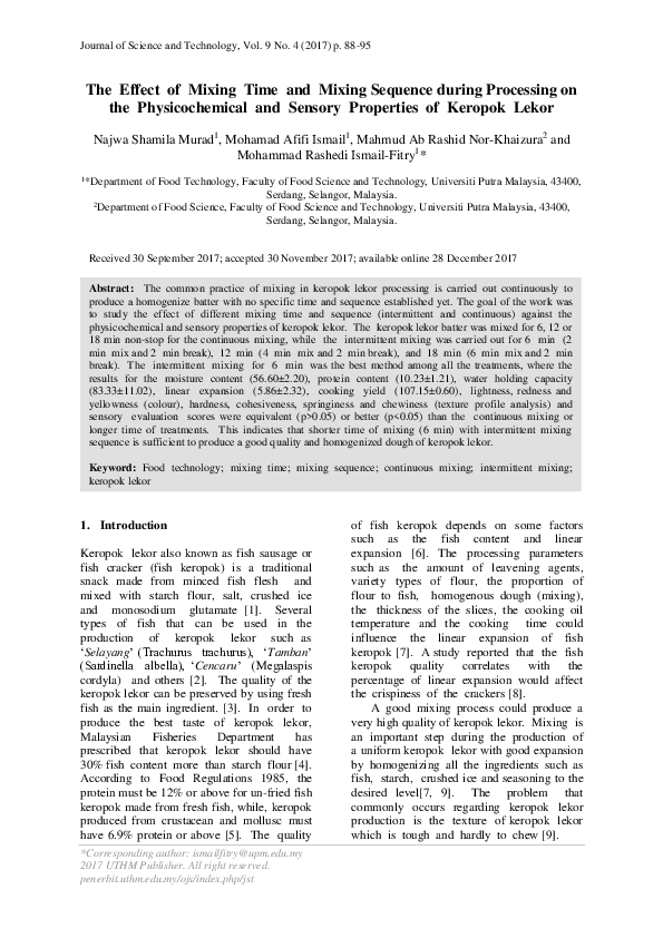 (PDF) The Effect of Mixing Time and Mixing Sequence during Processing on the Physicochemical and ...