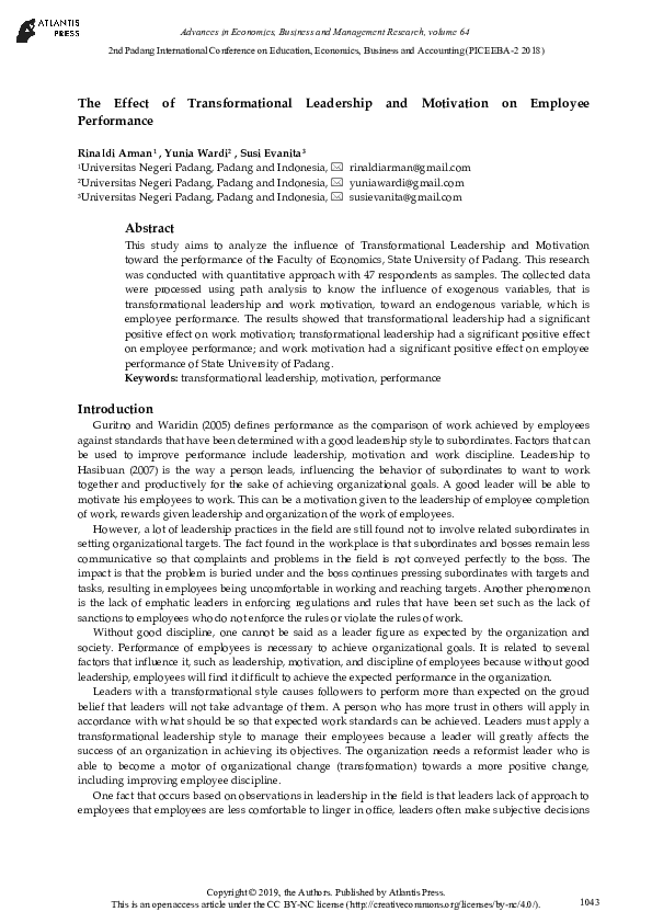 (PDF) The Effect Of Transformational Leadership and Motivation On Employee Performance
