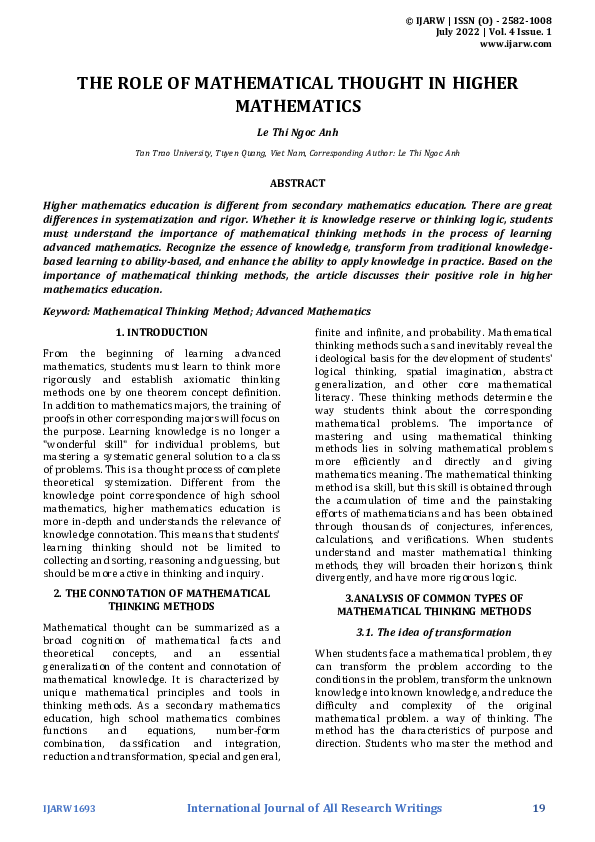 (PDF) THE ROLE OF MATHEMATICAL THOUGHT IN HIGHER MATHEMATICS