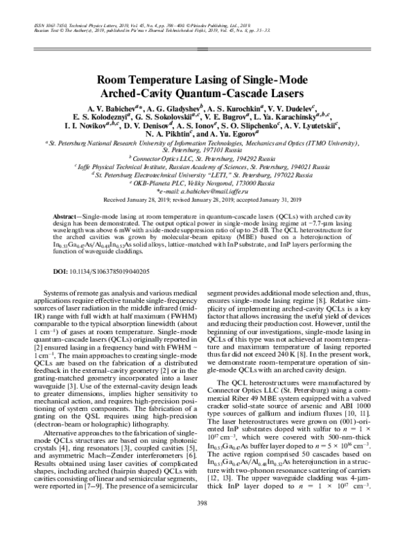 (PDF) Room Temperature Lasing of Single-Mode Arched-Cavity Quantum-Cascade Lasers