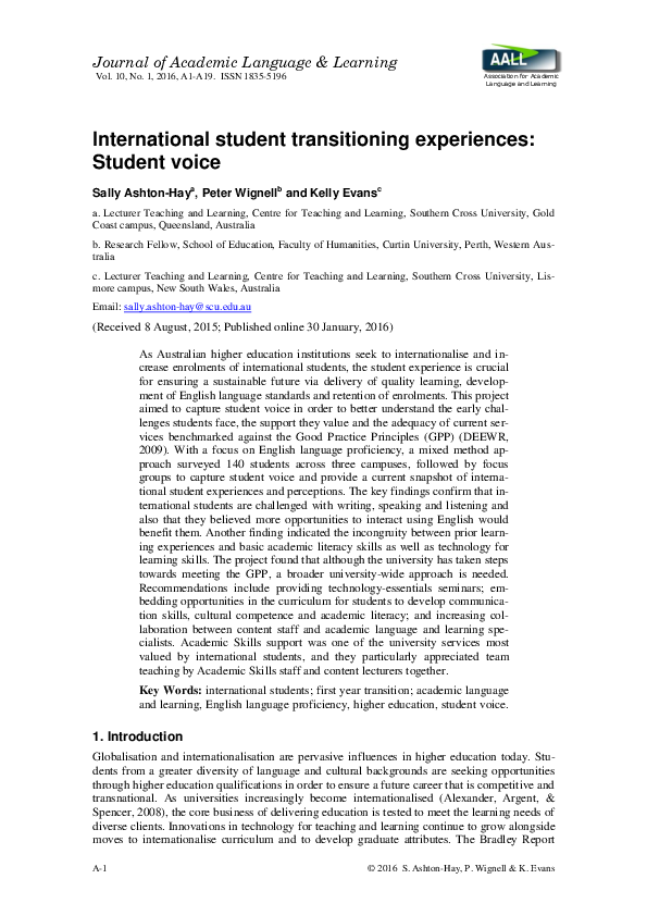 (PDF) International student transitioning experiences: Student voice