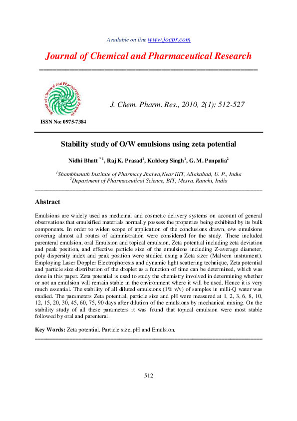 (PDF) Stability study of O/W emulsions using zeta potential