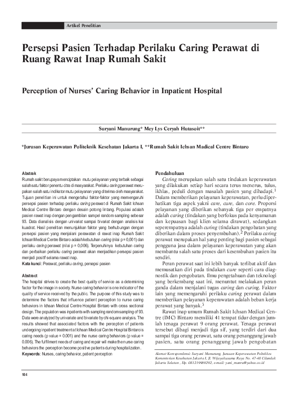 (PDF) Persepsi Pasien Terhadap Perilaku Caring Perawat di Ruang Rawat Inap Rumah Sakit