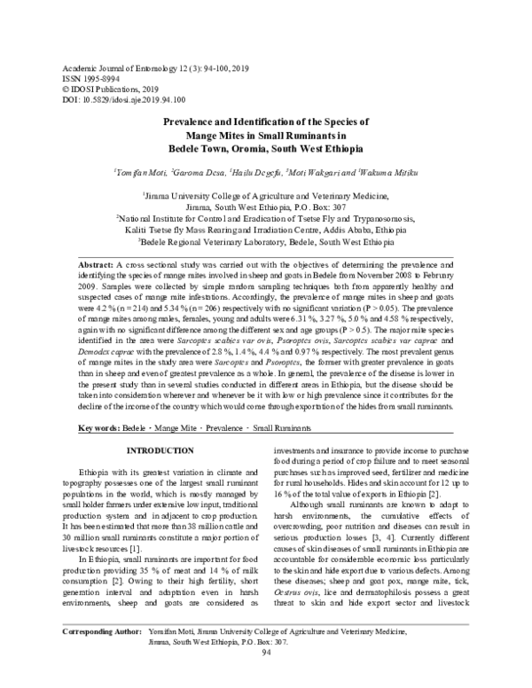 (PDF) Prevalence and Identification of the Species of Mange Mites in ...
