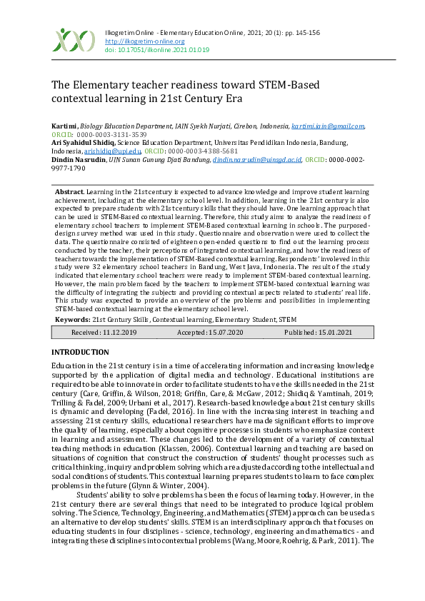 (PDF) The Elementary teacher readiness toward STEM-Based contextual learning in 21st Century Era