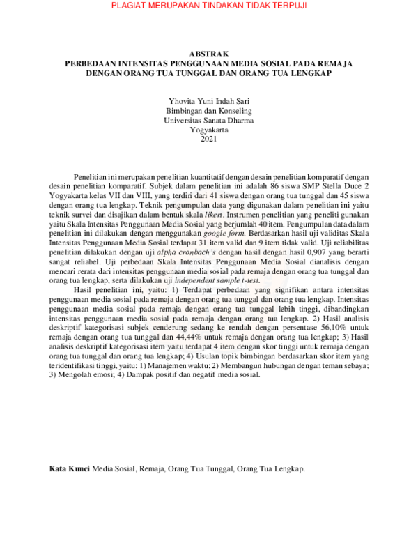 (PDF) Perbedaan intensitas penggunaan media sosial pada remaja dengan orang tua tunggal dan ...
