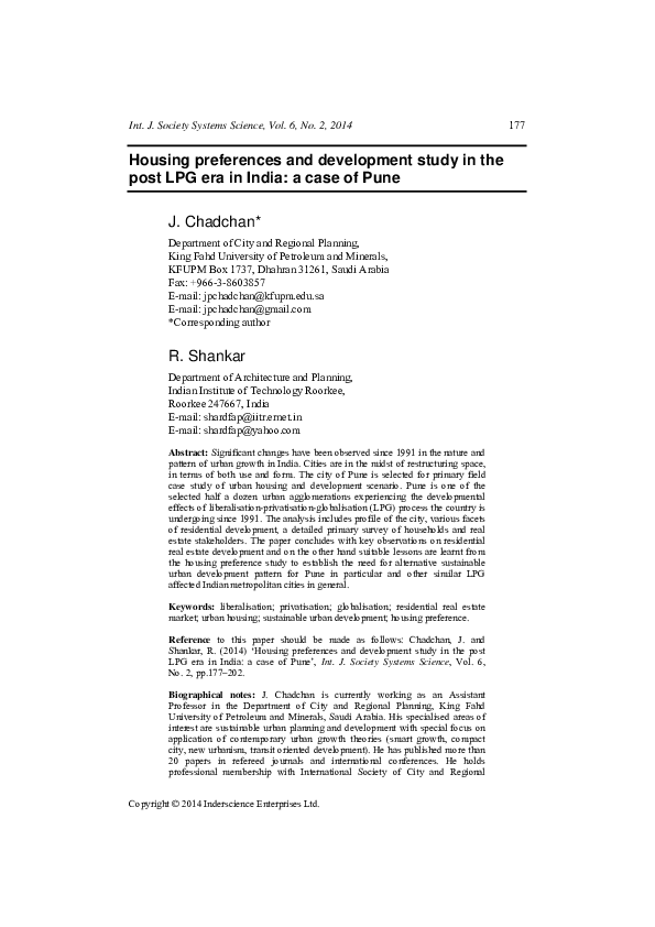 (PDF) Housing preferences and development study in the post LPG era in India: a case of Pune