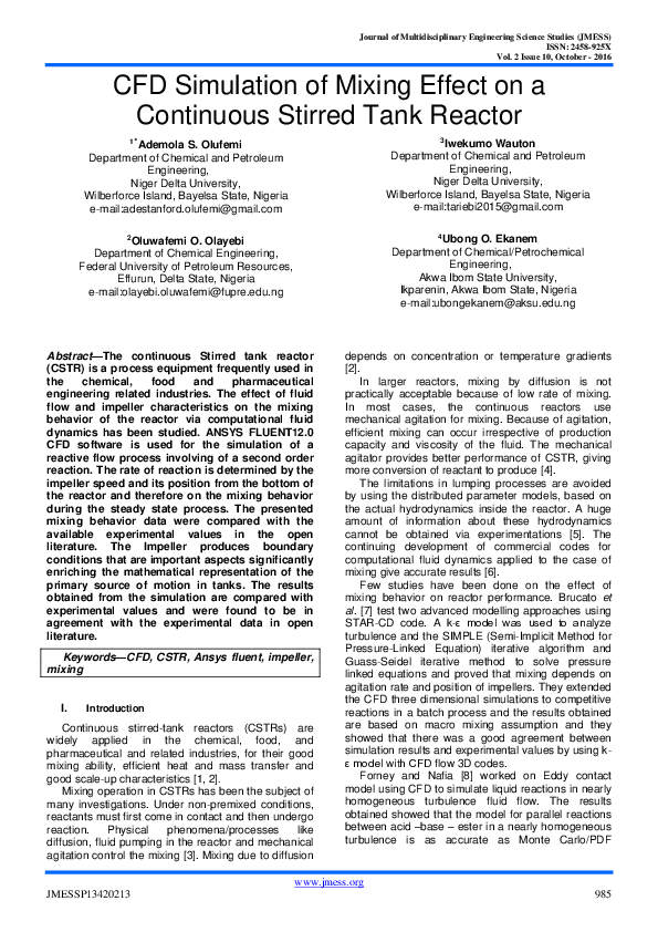(PDF) CFD Simulation of Mixing Effect on a Continuous Stirred Tank Reactor