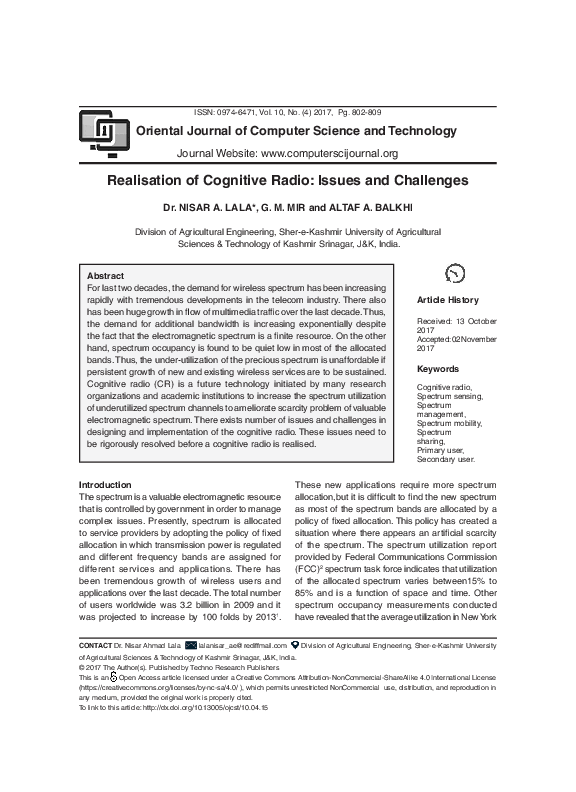 (PDF) Realisation of Cognitive Radio:Issues and Challenges