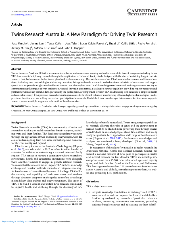 (PDF) Twins Research Australia: A New Paradigm for Driving Twin Research