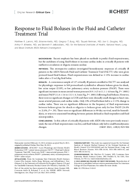 (PDF) Response to Fluid Boluses in the Fluid and Catheter Treatment Trial