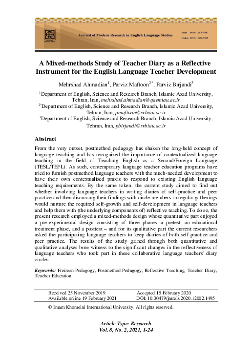 (PDF) A Mixed-Method Study of Teacher Diary as a Reflective Instrument ...