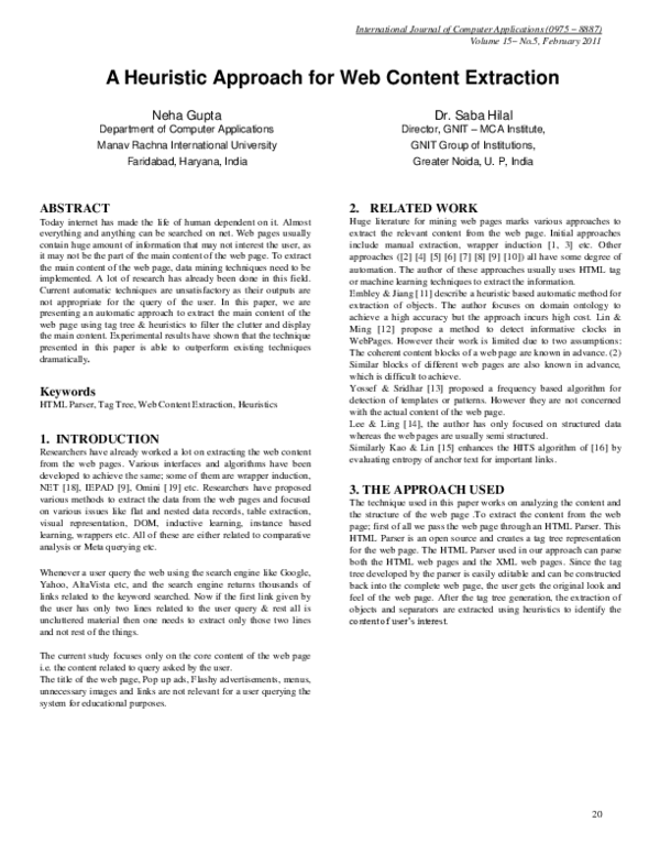 Pdf A Heuristic Approach For Web Content Extraction