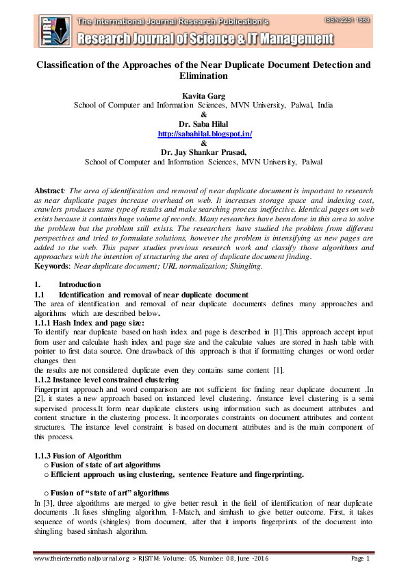 Pdf Classification Of The Approaches Of The Near Duplicate Document Detection And Elimination 6050
