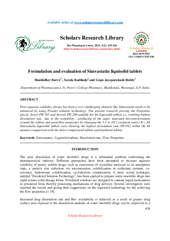Pdf Formulation And Evaluation Of Simvastatin Liquisolid Tablets