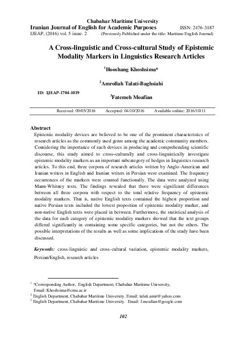 (PDF) A Cross-linguistic and Cross-cultural Study of Epistemic Modality ...