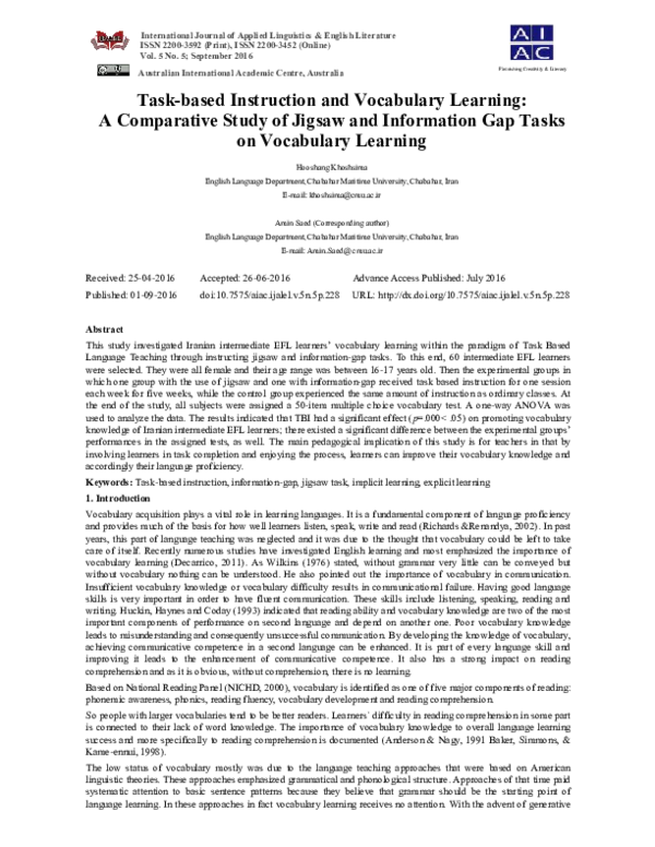 (PDF) Task-based Instruction and Vocabulary Learning: A Comparative ...