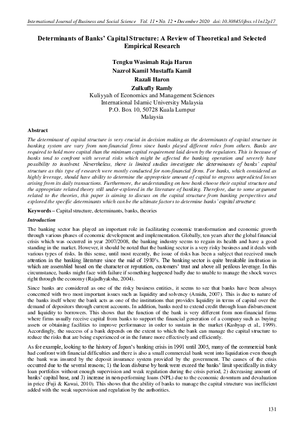 (PDF) Determinants of Banks’ Capital Structure: A Review of Theoretical and Selected Empirical ...