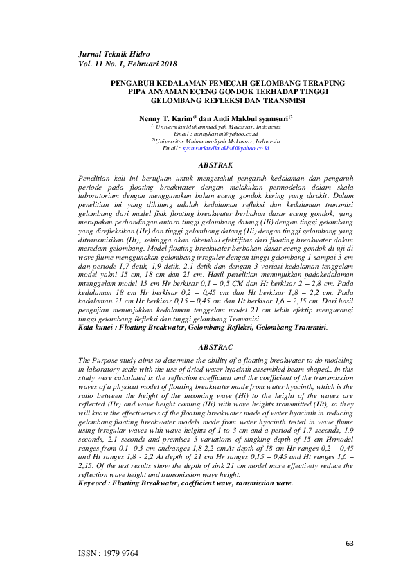 (PDF) Pengaruh Kedalaman Pemecah Gelombang Terapung Pipa Anyaman Eceng Gondok Terhadap Tinggi ...