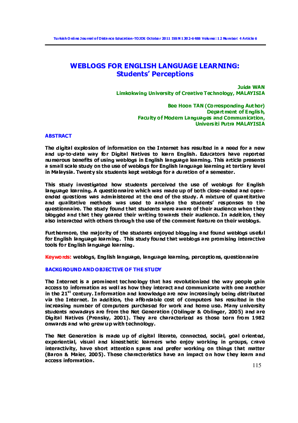 (PDF) Weblogs for English language learning: students' perceptions