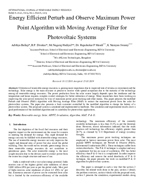 (PDF) Energy Efficient Perturb and Observe Maximum Power Point Algorithm with Moving Average ...
