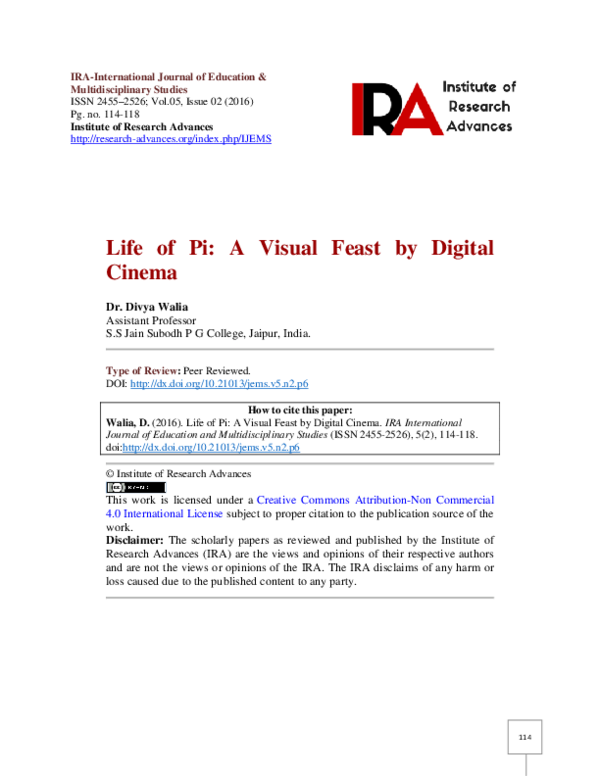 (PDF) Life of Pi: A Visual Feast by Digital Cinema