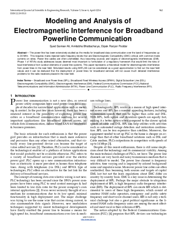 (PDF) Modeling and Analysis of Electromagnetic Interference for Broadband Powerline ...