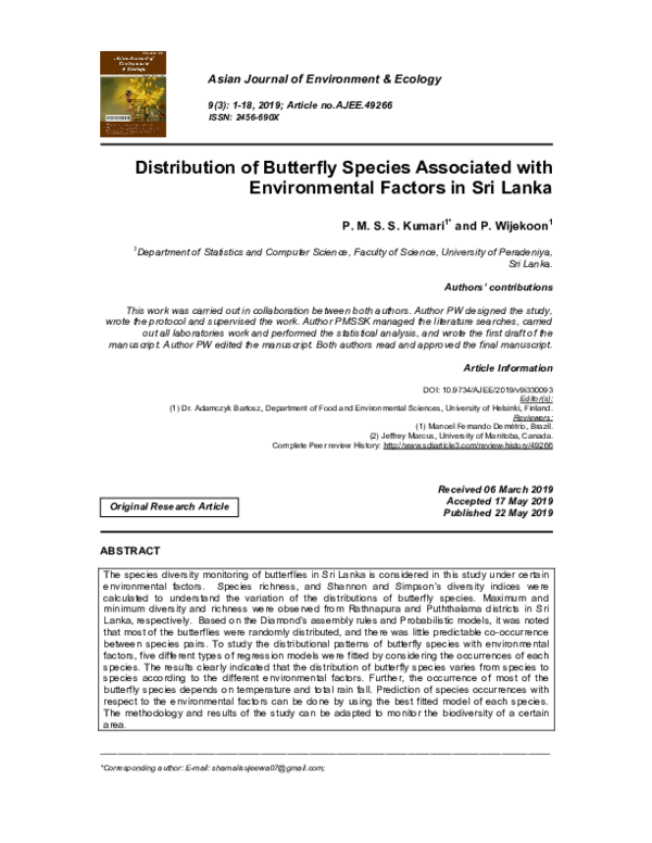 (PDF) Distribution of Butterfly Species Associated with Environmental Factors in Sri Lanka