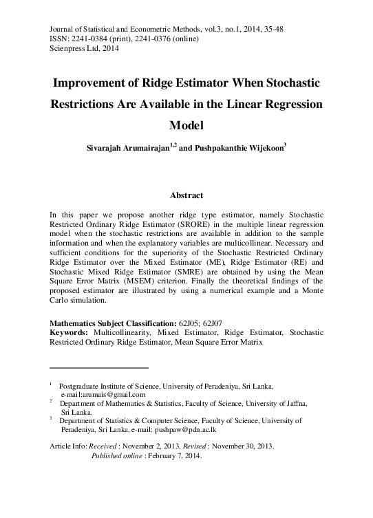 (PDF) Improvement of Ridge Estimator When Stochastic Restrictions Are Available in the Linear ...