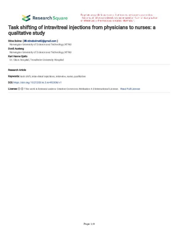 (PDF) Task shifting of intravitreal injections from physicians to nurses: a qualitative study