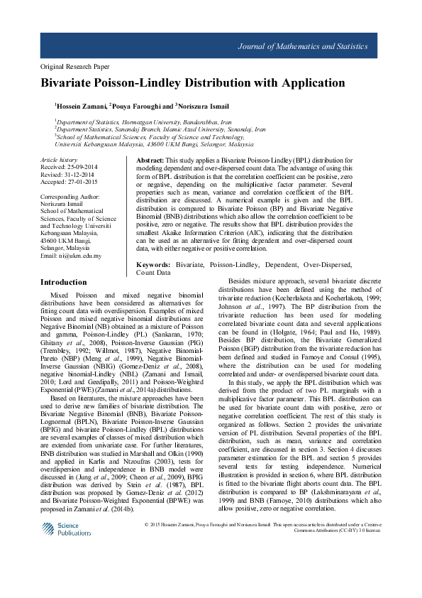 (PDF) Bivariate Poisson-Lindley Distribution with Application