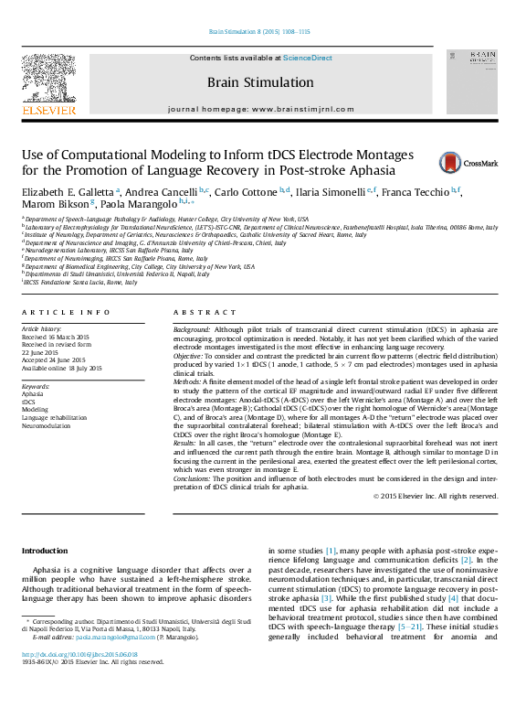 (PDF) Use of Computational Modeling to Inform tDCS Electrode Montages for the Promotion of ...