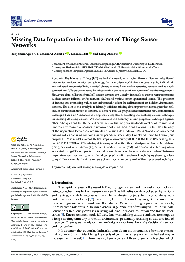 (PDF) Missing Data Imputation in the Internet of Things Sensor Networks