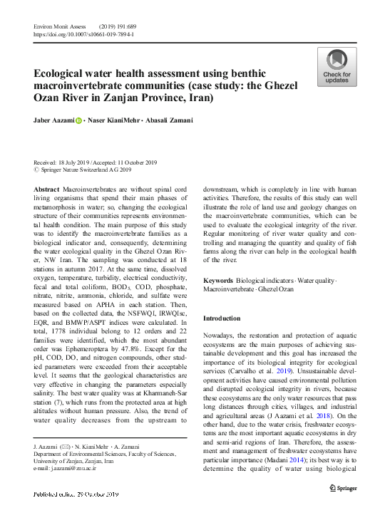 (PDF) Ecological water health assessment using benthic ...
