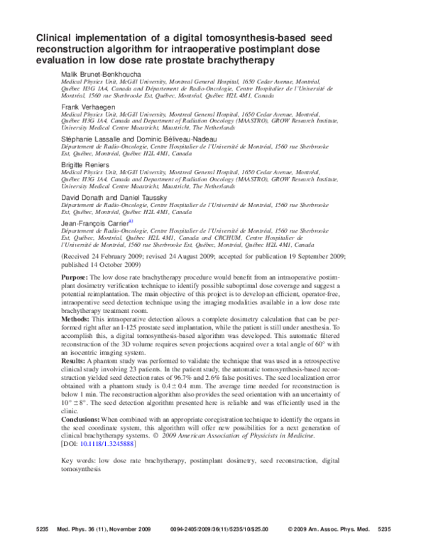 Pdf Clinical Implementation Of A Digital Tomosynthesis Based Seed Reconstruction Algorithm For