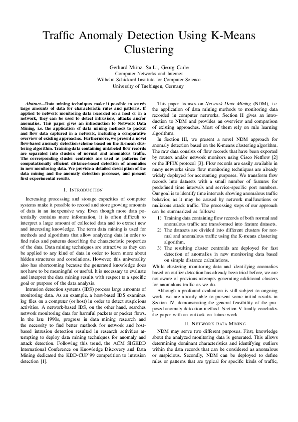 (PDF) Traffic anomaly detection using k-means clustering