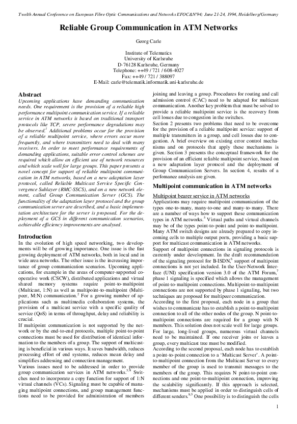 (PDF) Reliable group communication in ATM networks | Georg Carle ...